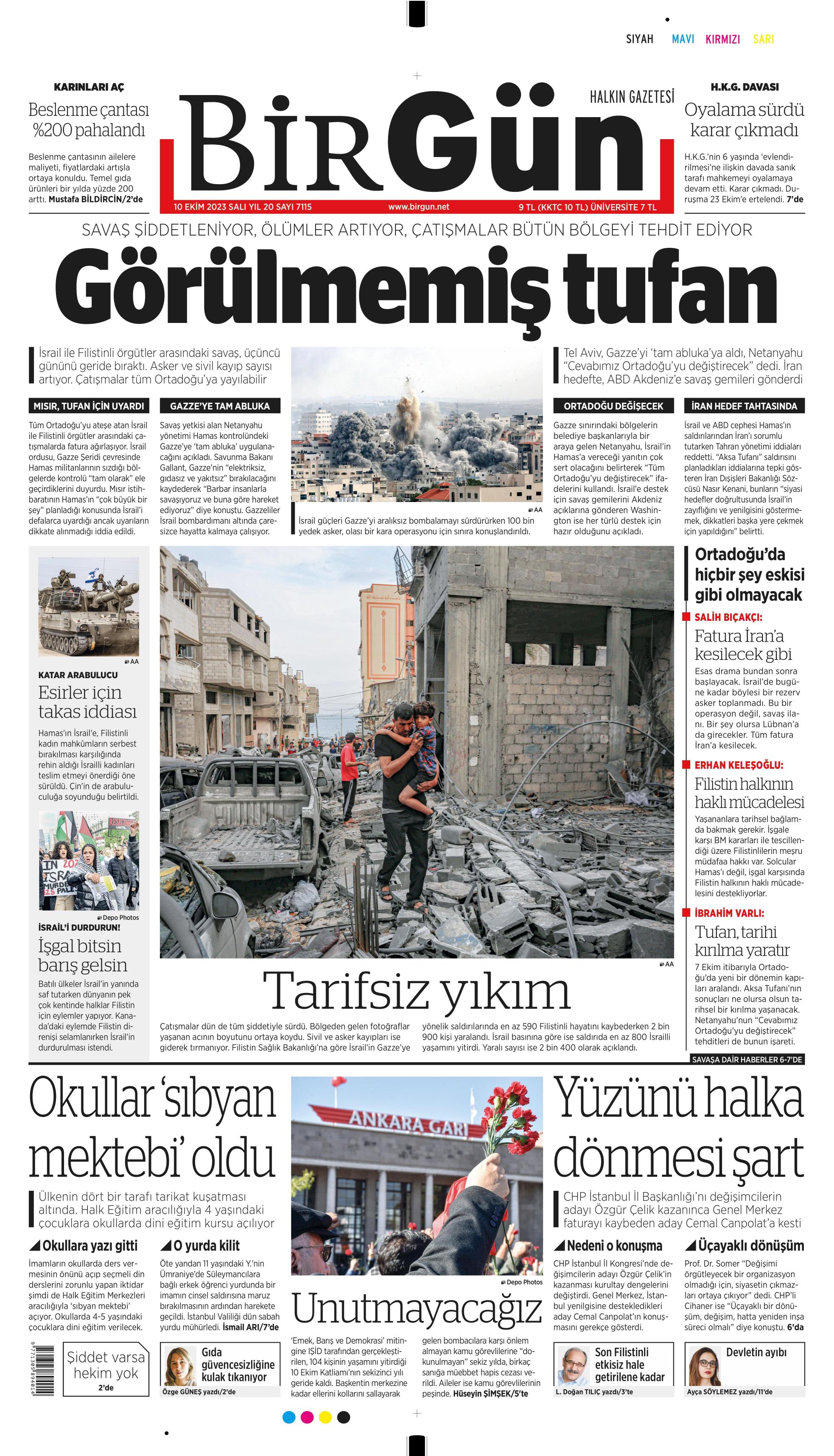 Birgün Gazetesi 10 Ekim 2023 Salı Günü Manşeti