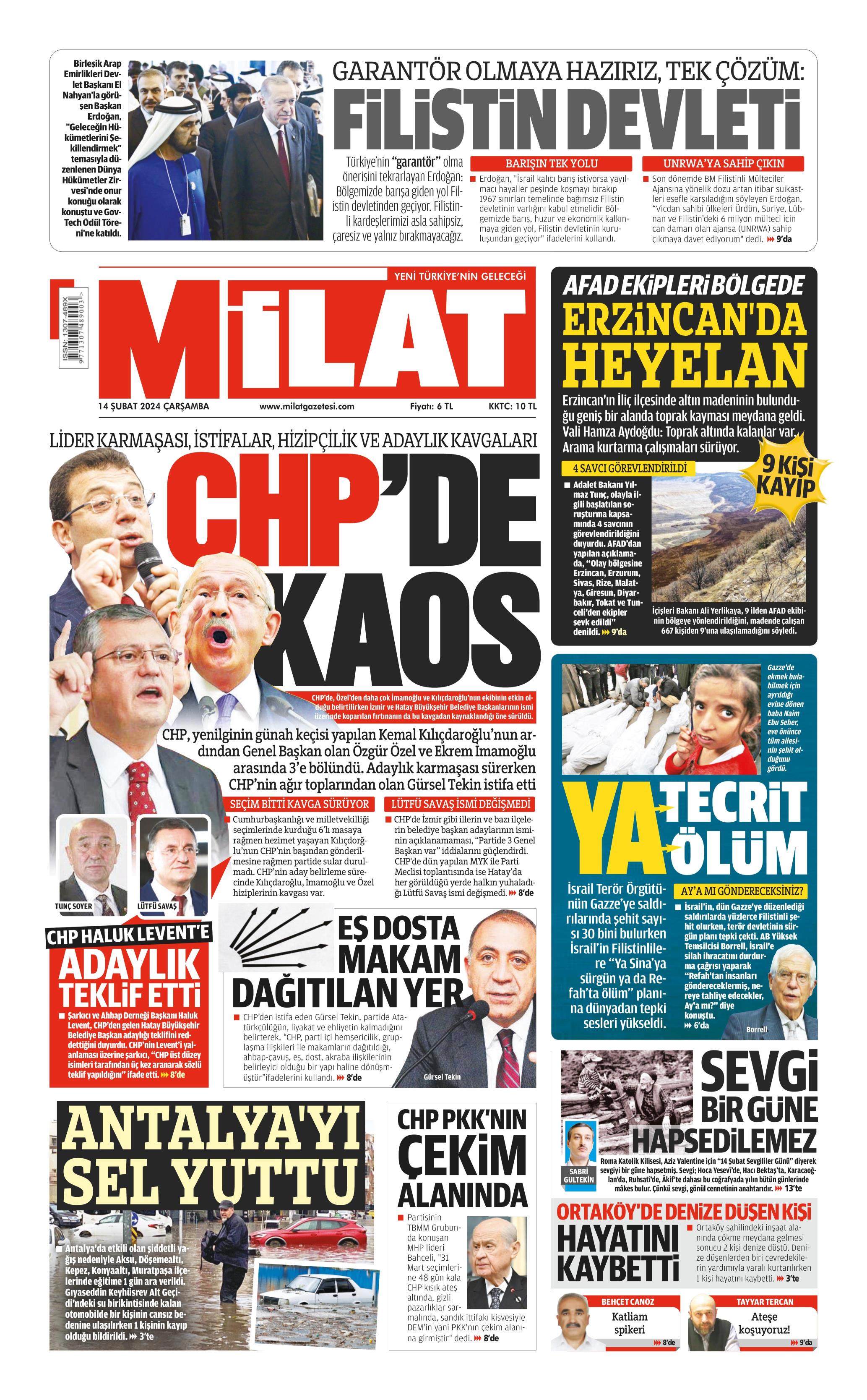 Milat Gazetesi 14 Şubat 2024, Çarşamba Günü Manşeti