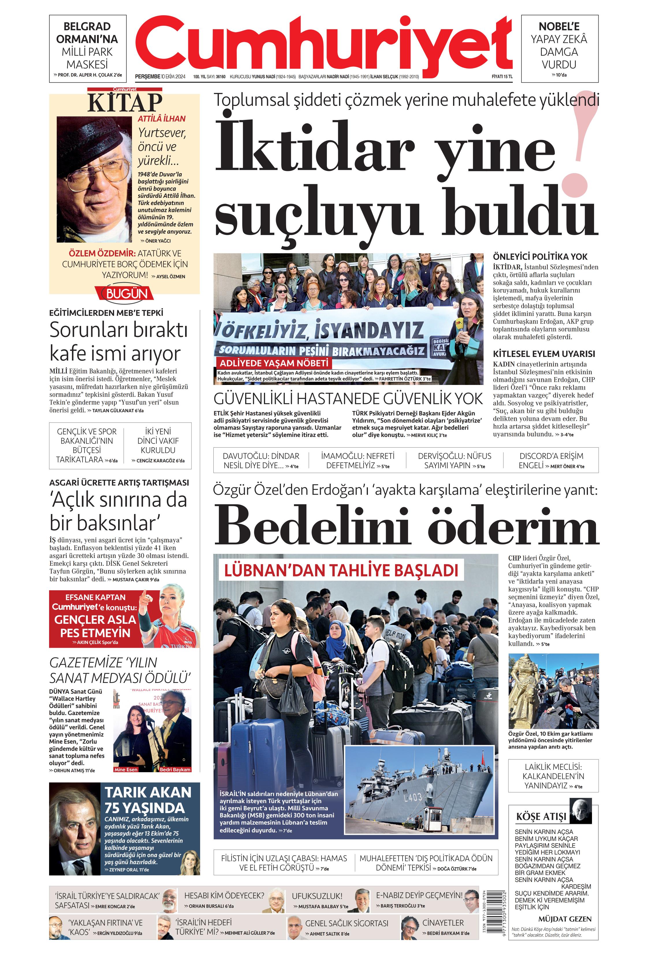 Cumhuriyet Gazetesi 10 Ekim 2024, Perşembe Günü Manşeti