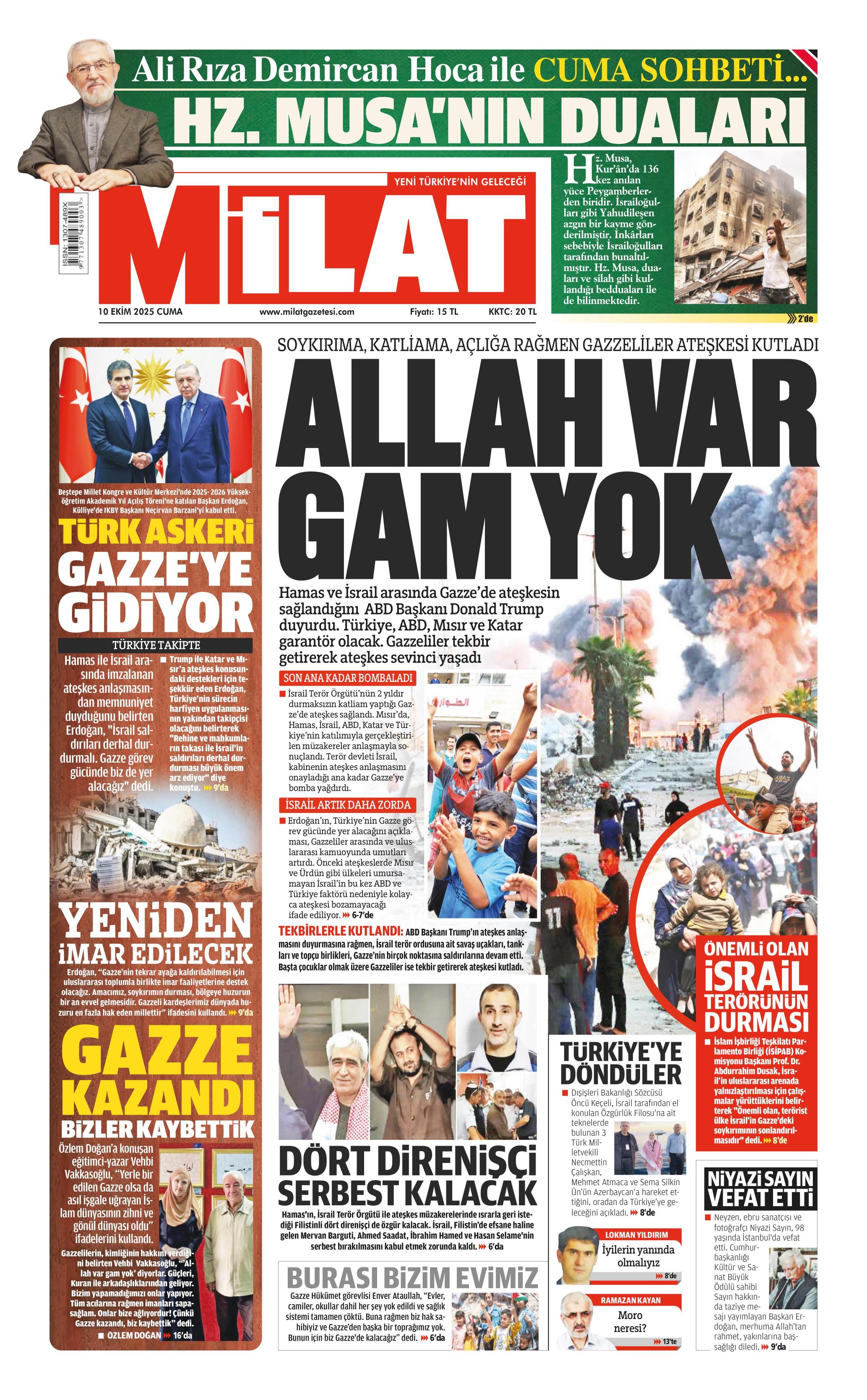 Milat Gazetesi 10 Ekim 2025, Cuma Günü Manşeti