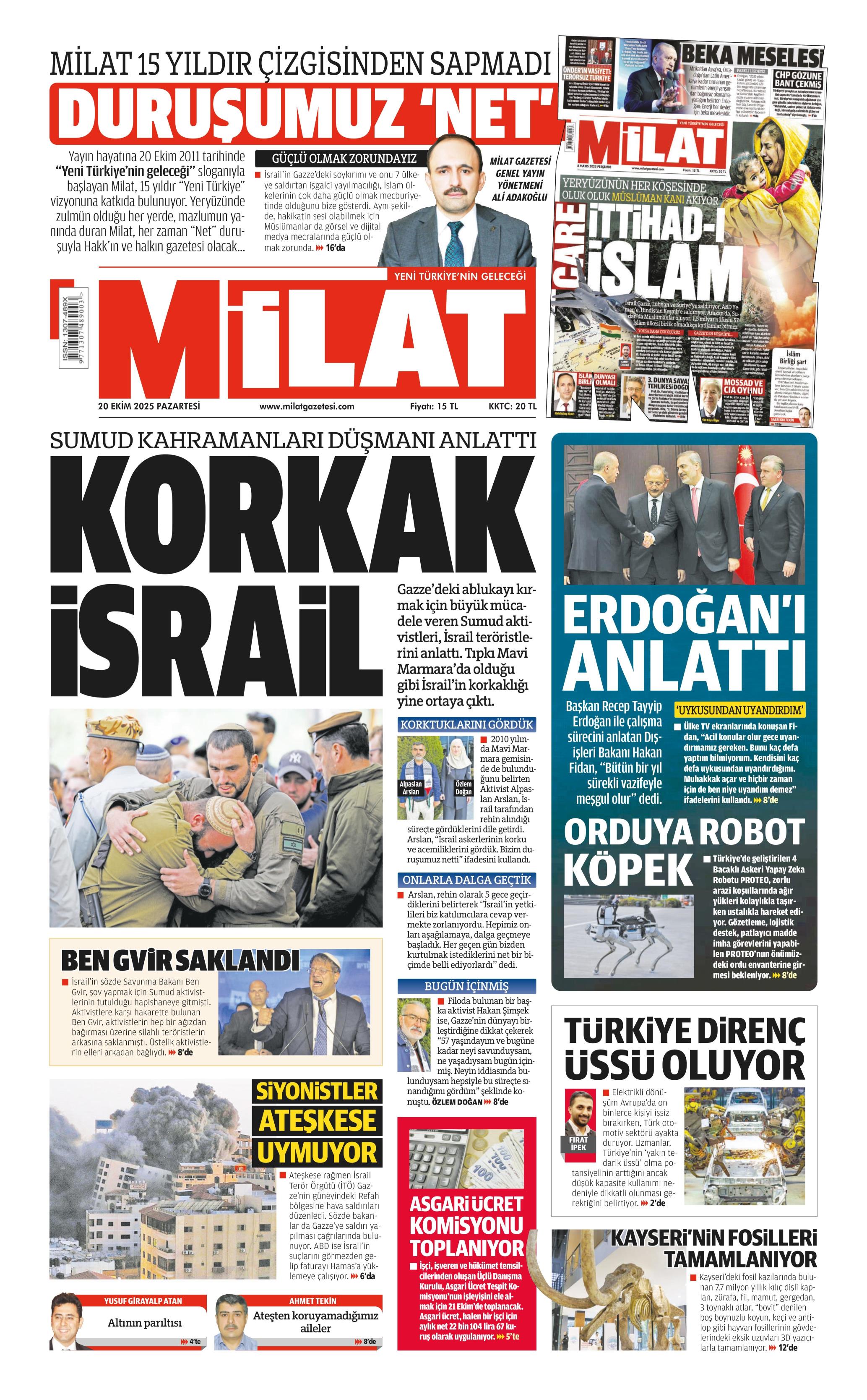Milat Gazetesi 20 Ekim 2025, Pazartesi Günü Manşeti